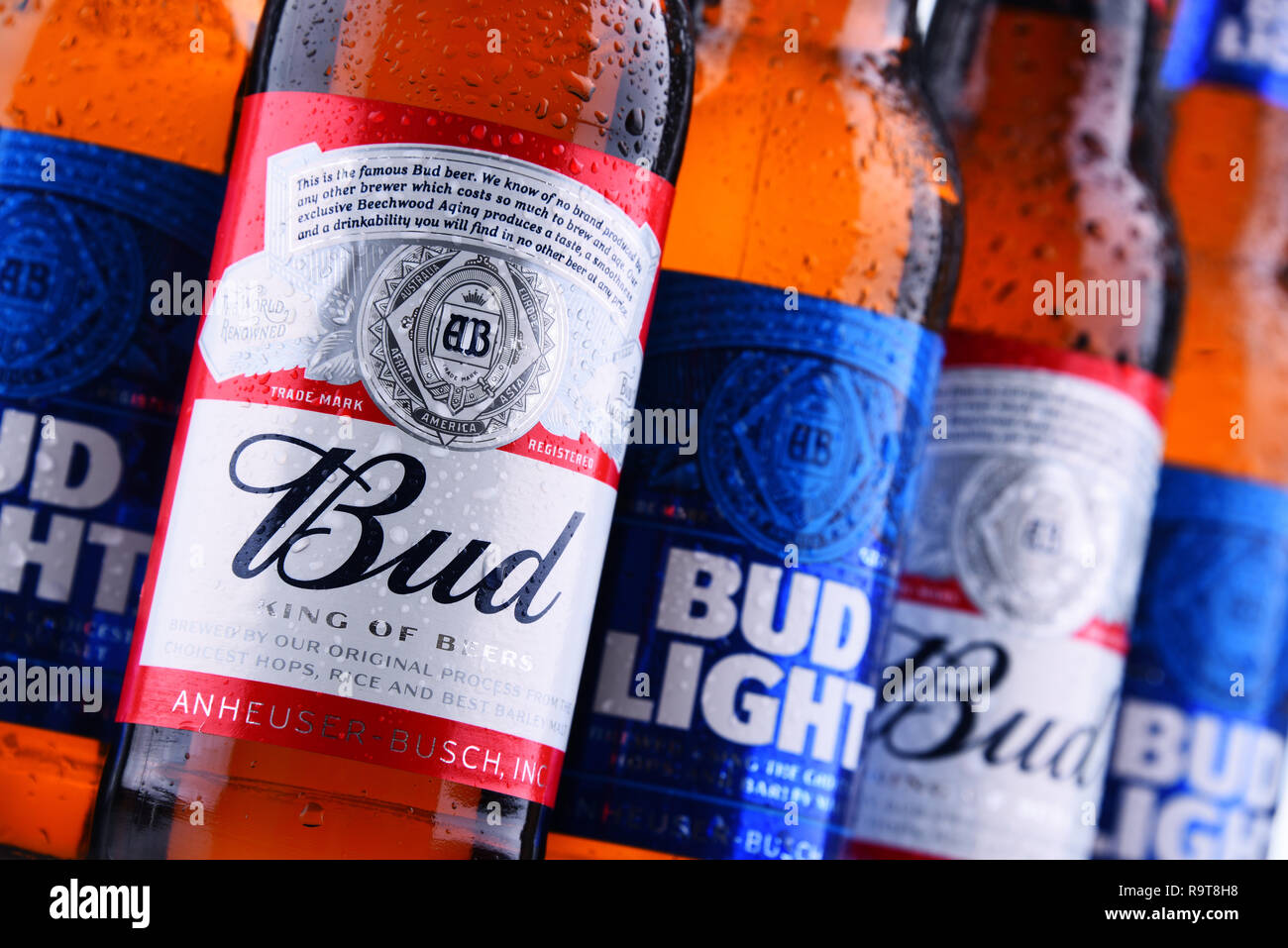 POZNAN, POL - MAY 3, 2018: Bottles of Bud and Bud Light, popular ...