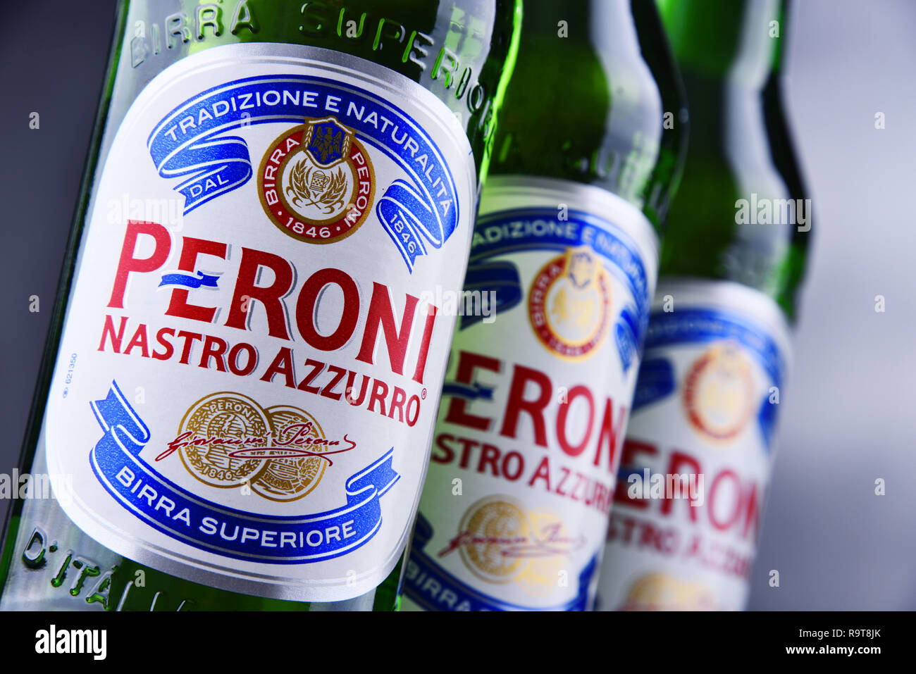 POZNAN, POL - MAY 4, 2018: Bottles of Peroni Nastro Azzurro, a premium ...