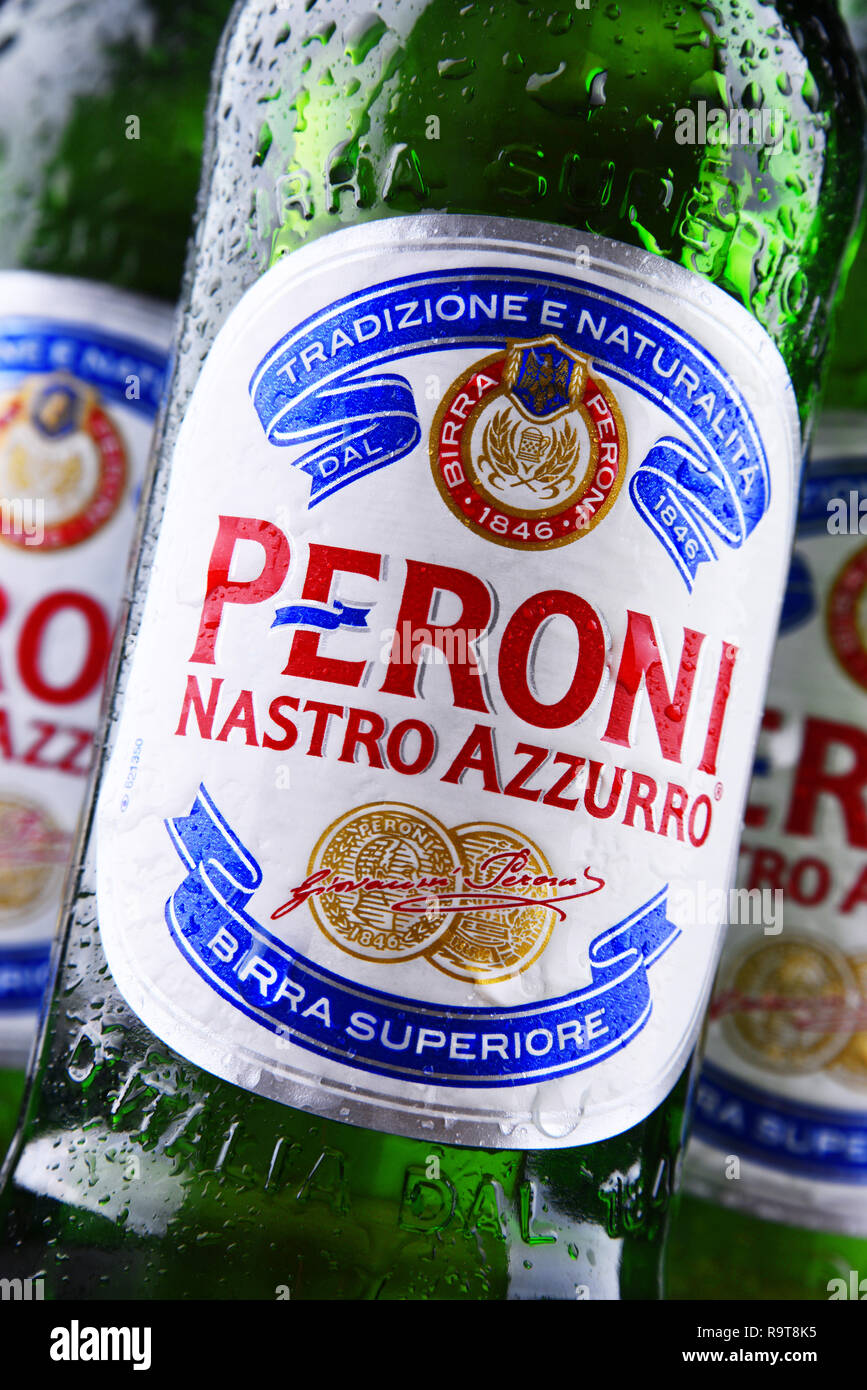 POZNAN, POL - MAY 4, 2018: Bottles of Peroni Nastro Azzurro, a premium ...
