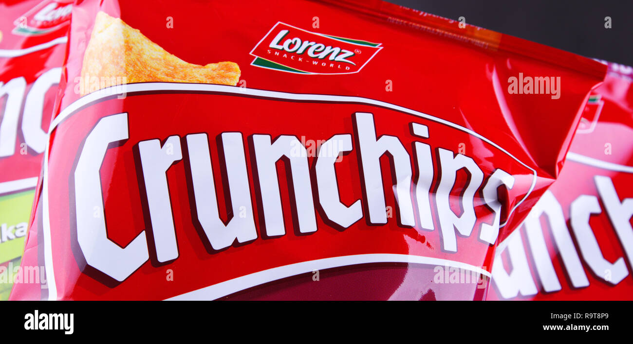 POZNAN, POL - JUN 15, 2018: Packets of Crunchips, a brand of potato ...