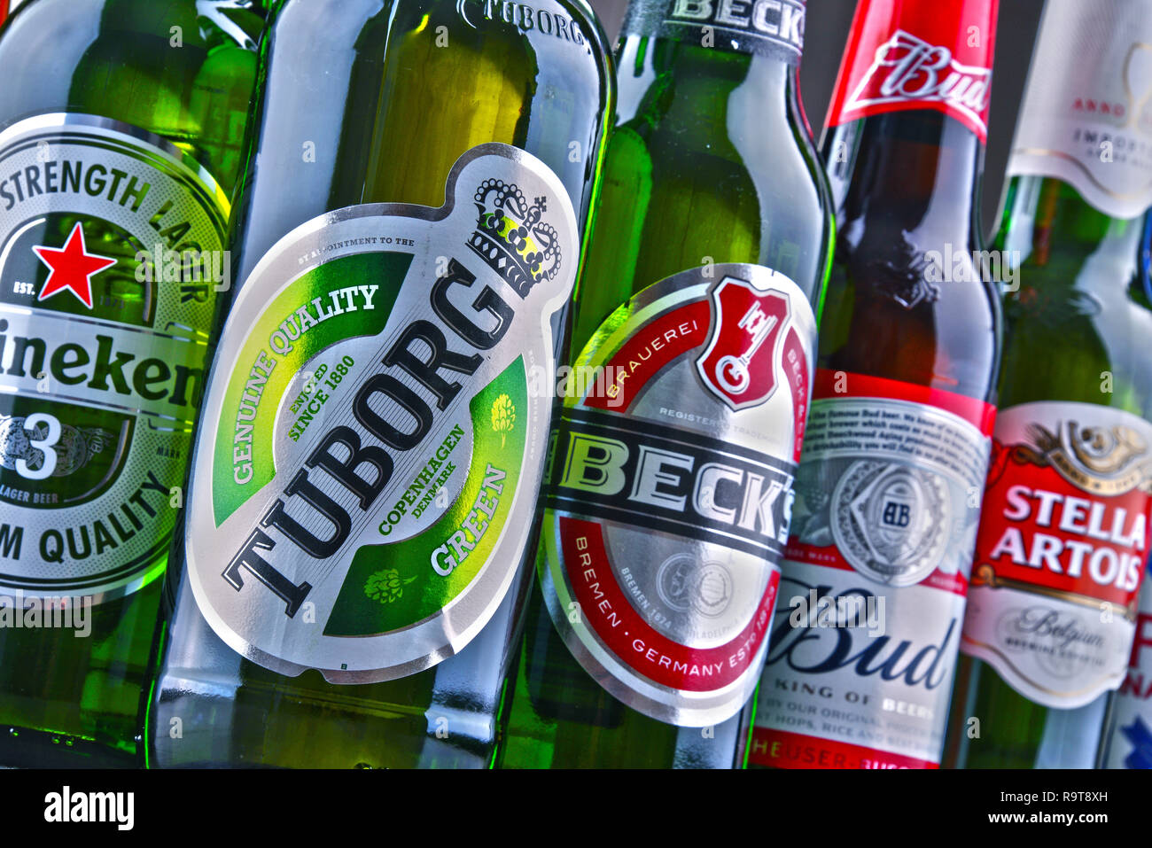 POZNAN, POL - JULY 19, 2018: Bottles of famous global beer brands ...