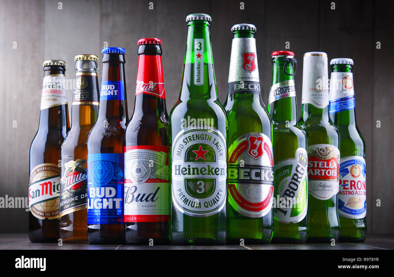 POZNAN, POL - JULY 19, 2018: Bottles of famous global beer brands ...