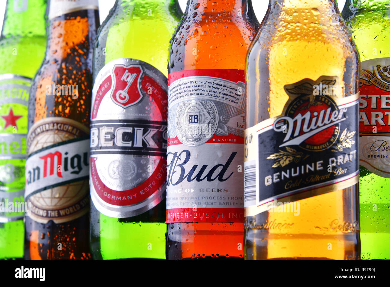 POZNAN, POL - JULY 19, 2018: Bottles of famous global beer brands ...