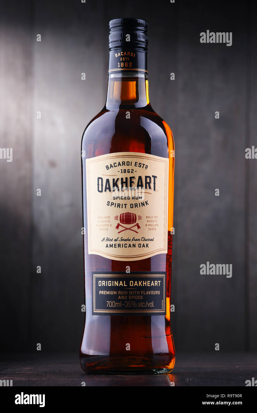 POZNAN, POL - JUL 20, 2018: Bottle of Oakheart Spiced Rum spirit drink ...