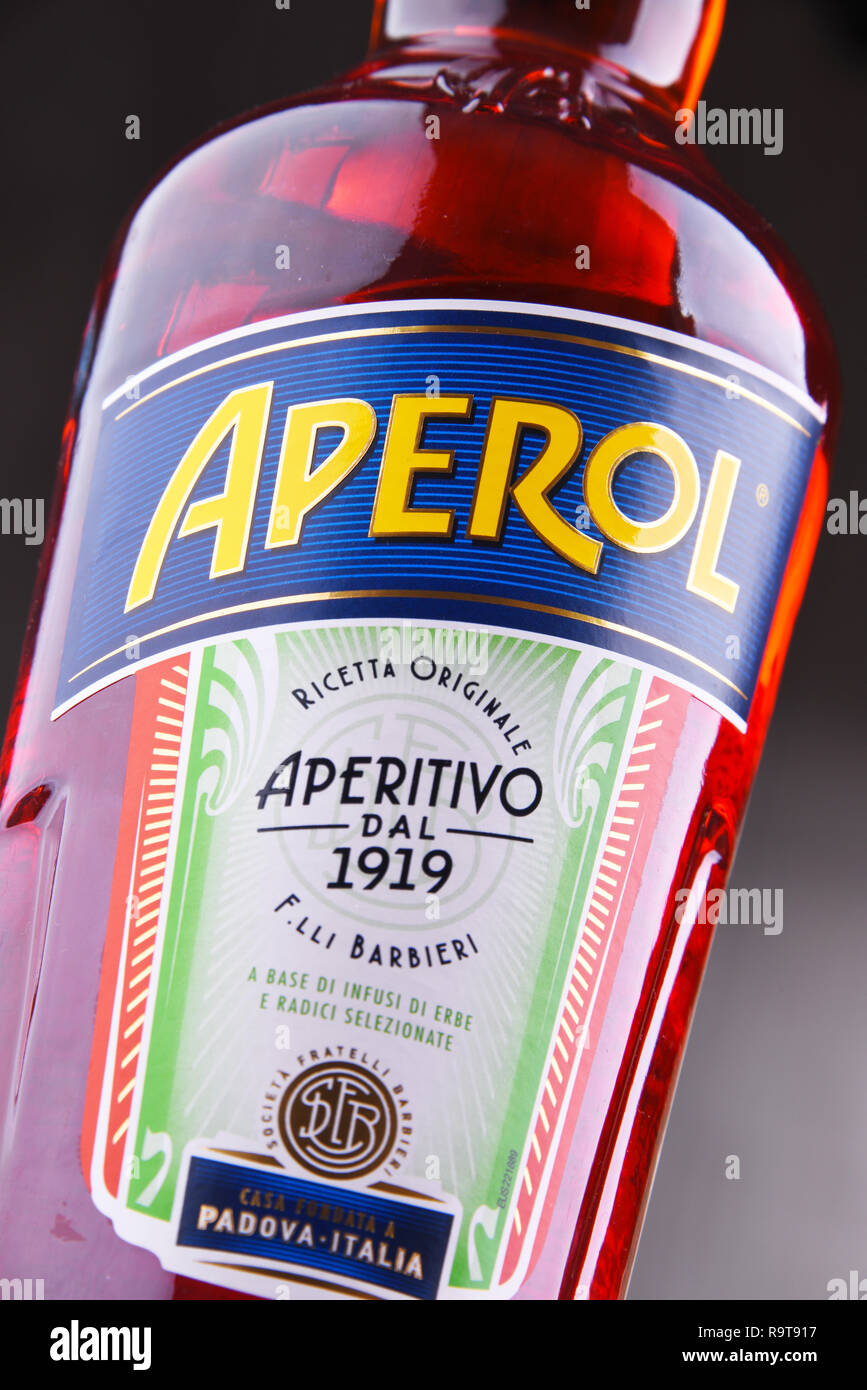 POZNAN, POL - JUL 20, 2018: Bottle of Aperol, an Italian aperitif made ...