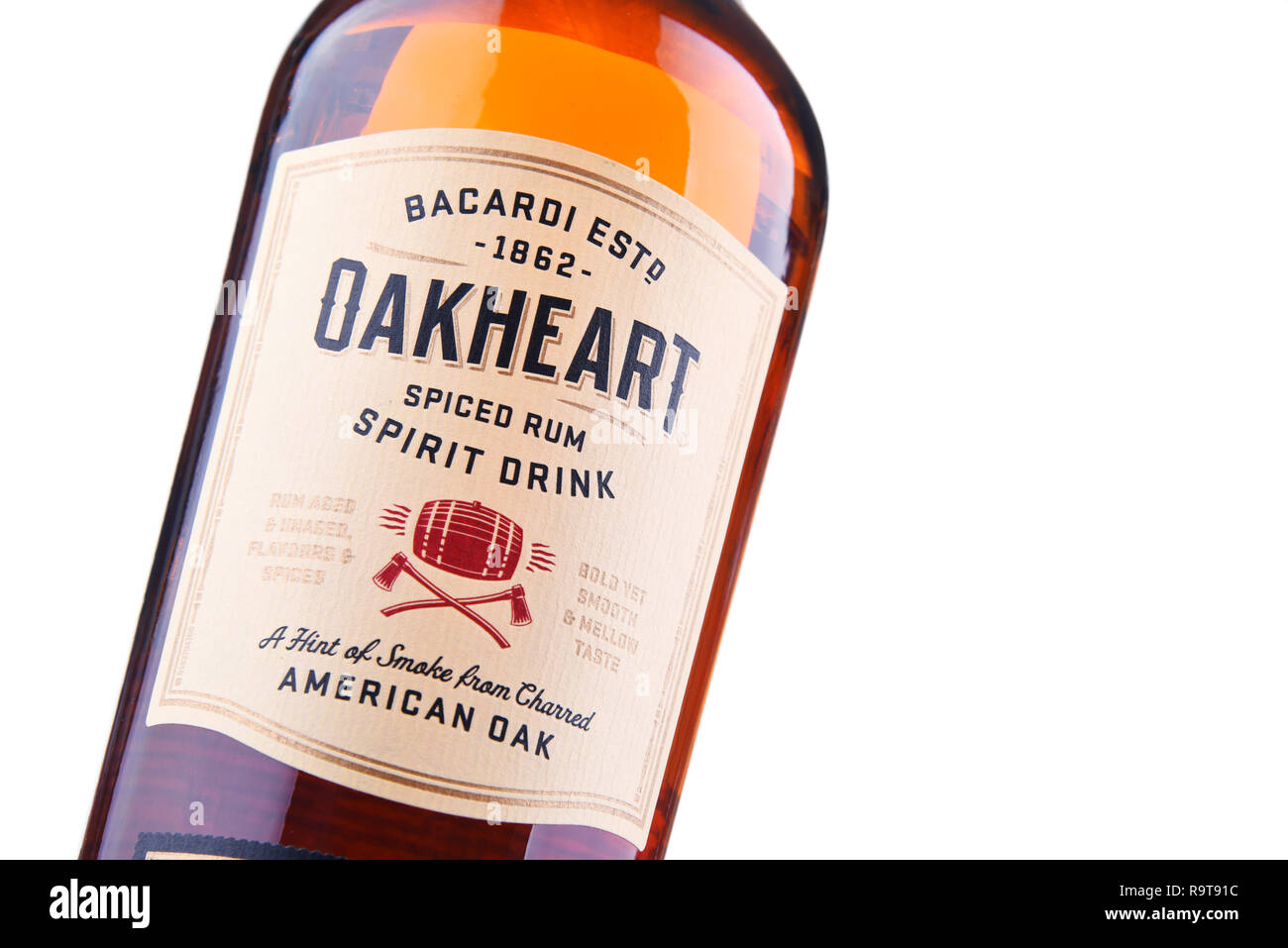 POZNAN, POL - JUL 20, 2018: Bottle of Oakheart Spiced Rum spirit drink ...