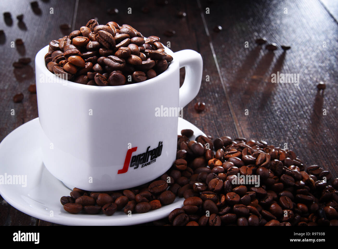 POZNAN, POL - AUG 3, 2018: Cup of Segafredo Zanetti, a coffee brand ...