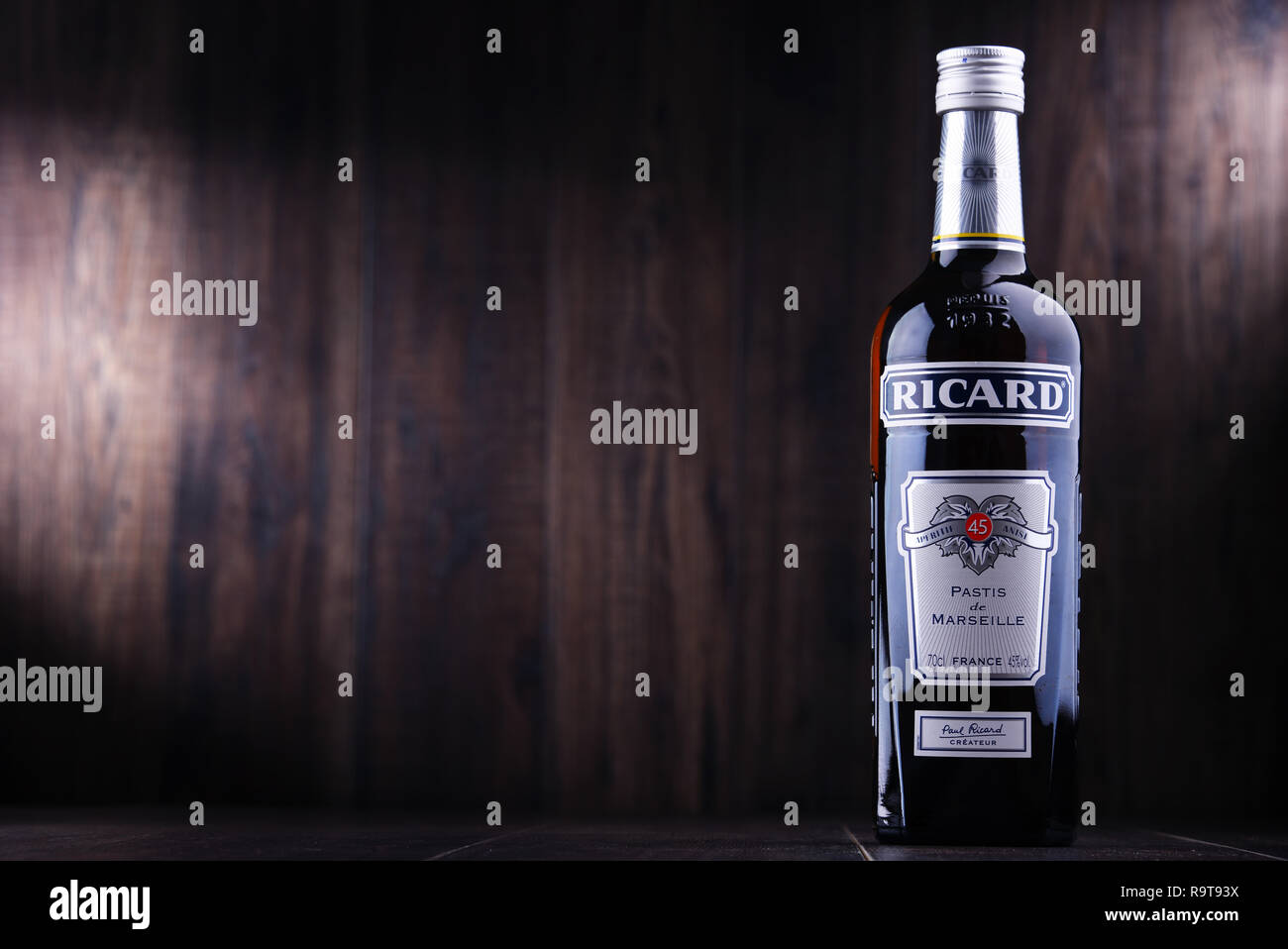 POZNAN, POL - AUG 8, 2018: Bottle of Ricard, a pastis, an anise and ...