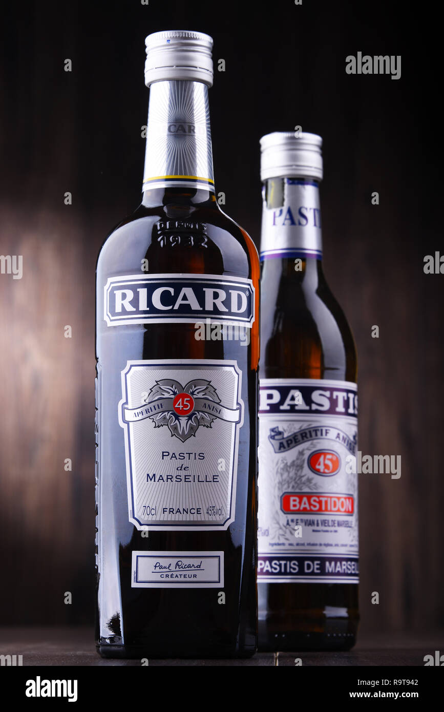 POZNAN, POL - AUG 8, 2018: Bottles of two famous pastis liqueurs ...