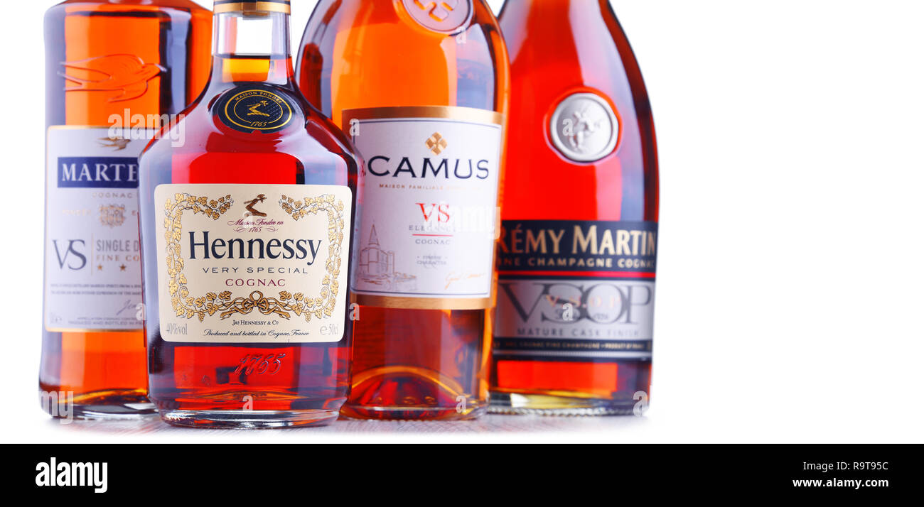 POZNAN, POL - SEP 27, 2018: Bottles of famous Cognac brands including ...