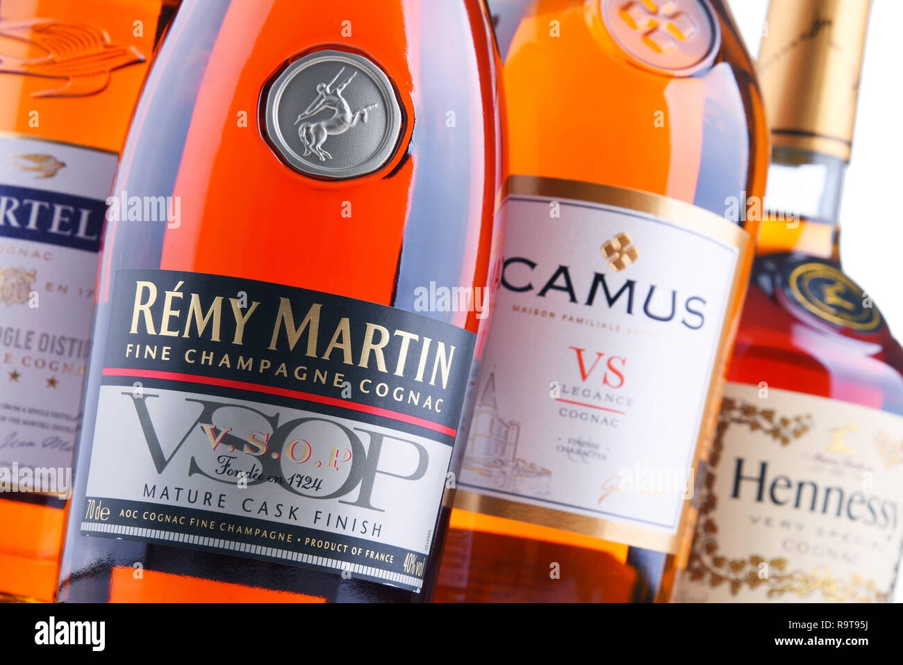 POZNAN, POL - SEP 27, 2018: Bottles of famous Cognac brands including ...