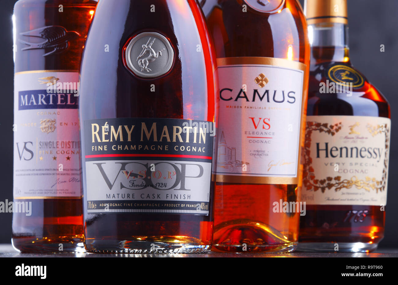 POZNAN, POL - SEP 27, 2018: Bottles of famous Cognac brands including ...