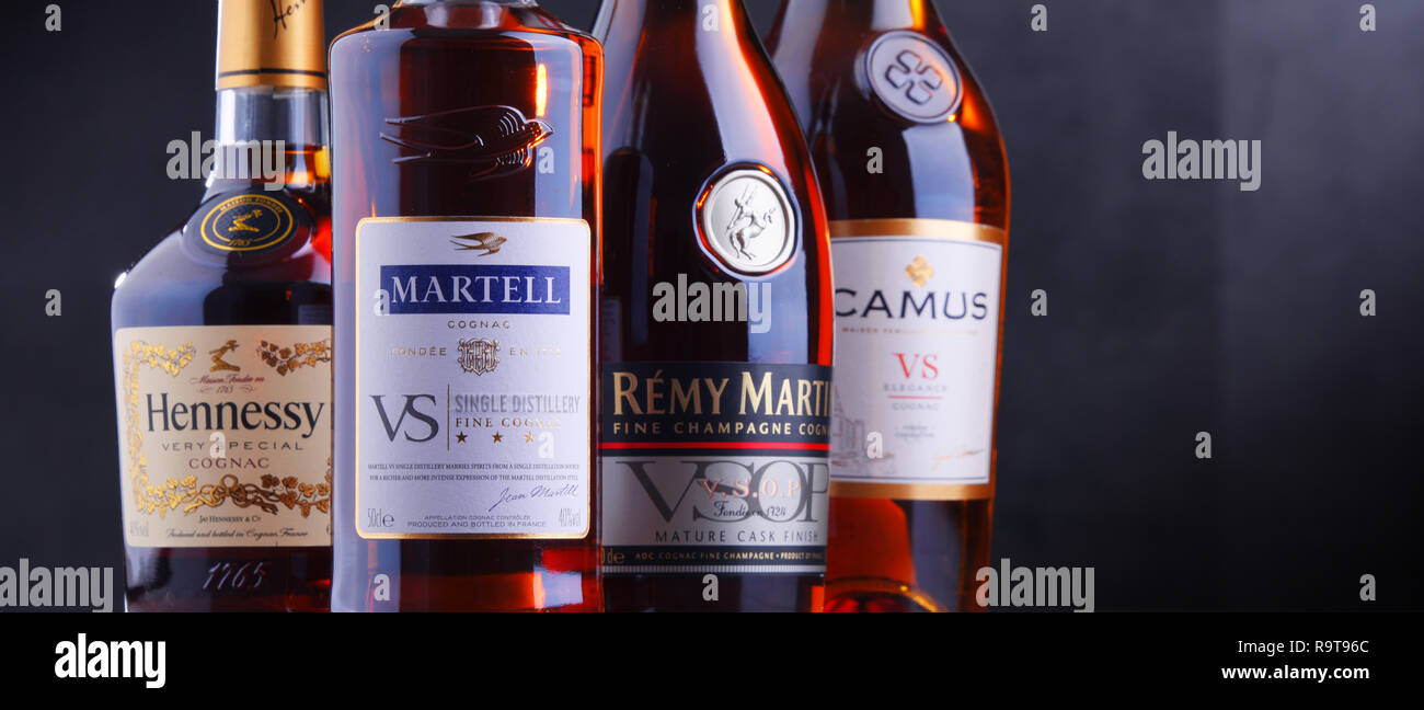 POZNAN, POL - SEP 27, 2018: Bottles of famous Cognac brands including ...