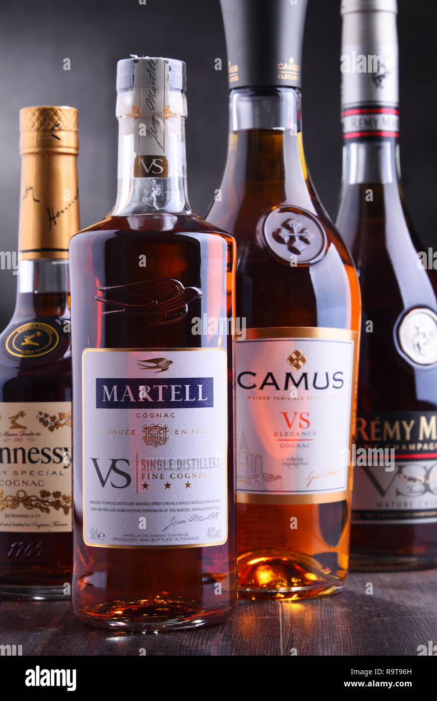 POZNAN, POL - SEP 27, 2018: Bottles of famous Cognac brands including ...
