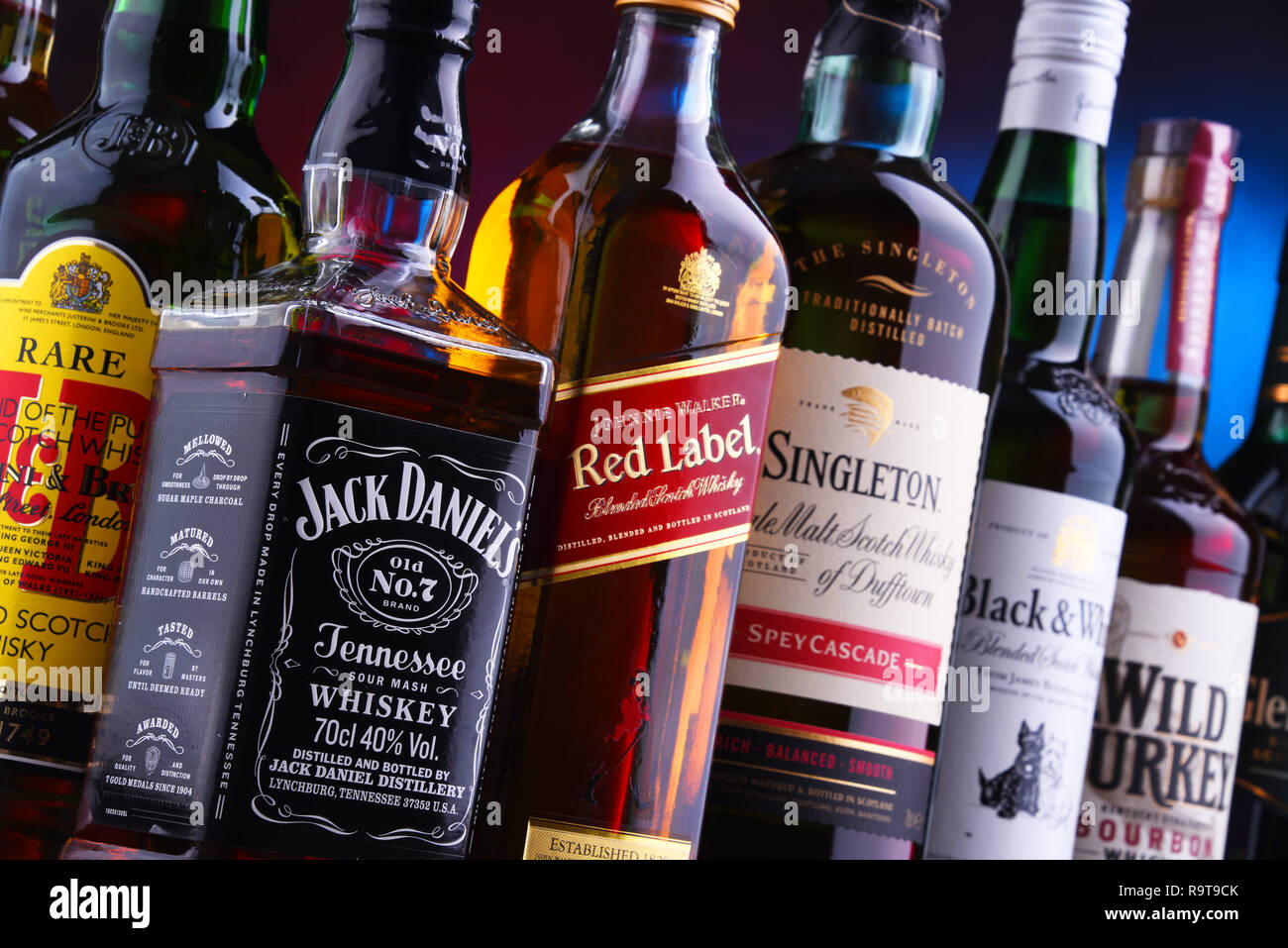 POZNAN, POLAND - NOV 16, 2018: Bottles of several global whiskey brands ...