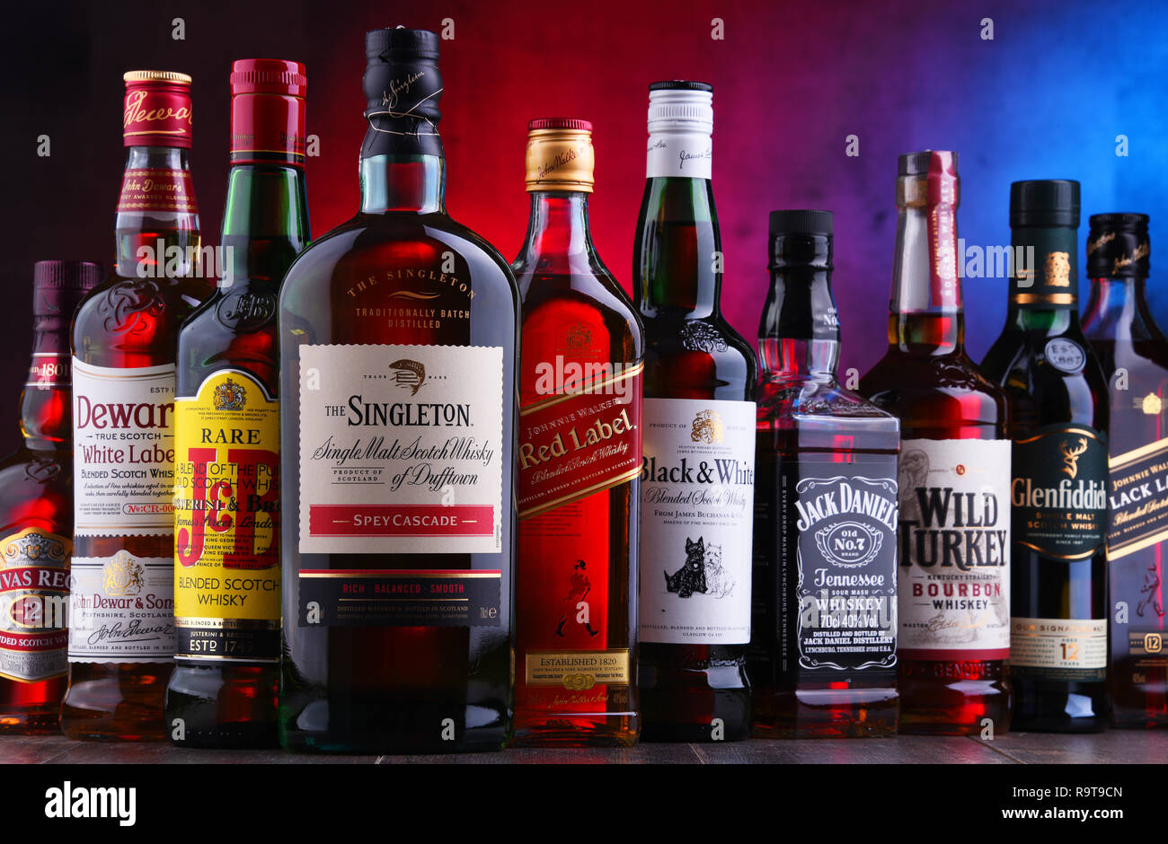 POZNAN, POLAND - NOV 16, 2018: Bottles of several global whiskey brands ...