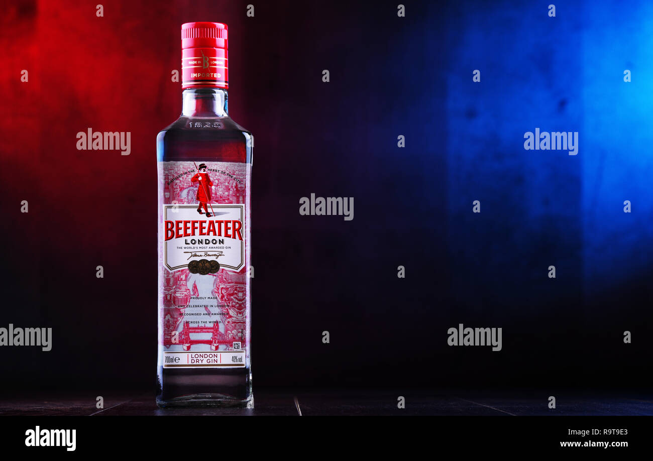 POZNAN, POLAND - NOV 29, 2018: Bottle of Beefeater Gin, a brand of gin ...