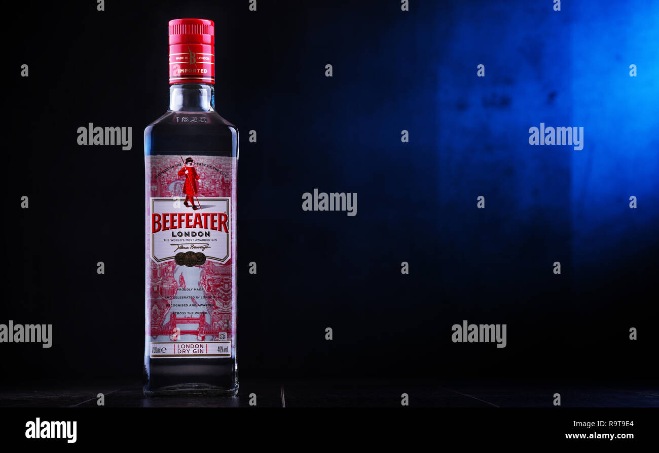 POZNAN, POLAND - NOV 29, 2018: Bottle of Beefeater Gin, a brand of gin ...