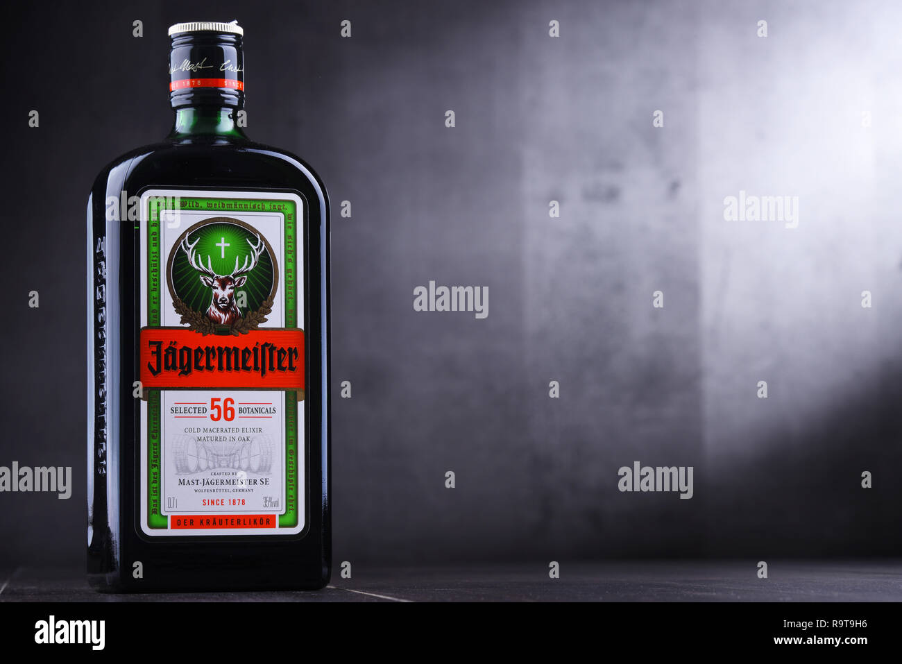 POZNAN, POLAND - NOV 29, 2018: Bottle of Jagermeister, German digestif ...
