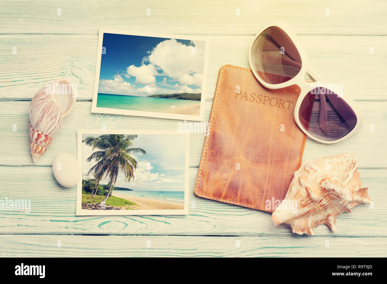 Travel vacation table concept with sunglasses, passport and summer ...