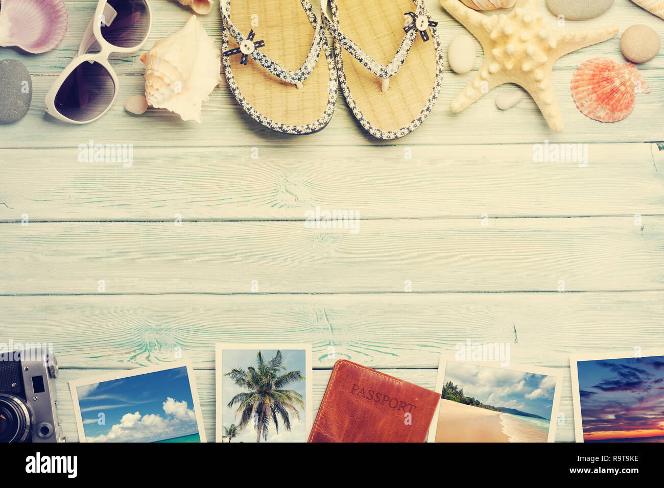 Travel vacation table concept with camera, passport, items and summer ...