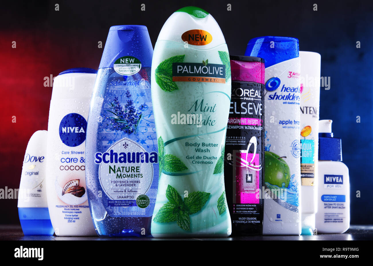 POZNAN, POLAND - DEC 5, 2018: Plastic containers of body care products ...