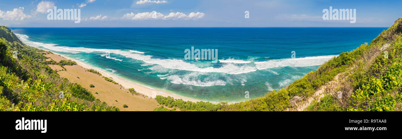Top aerial view of beauty Bali beach. Empty paradise beach, blue sea ...
