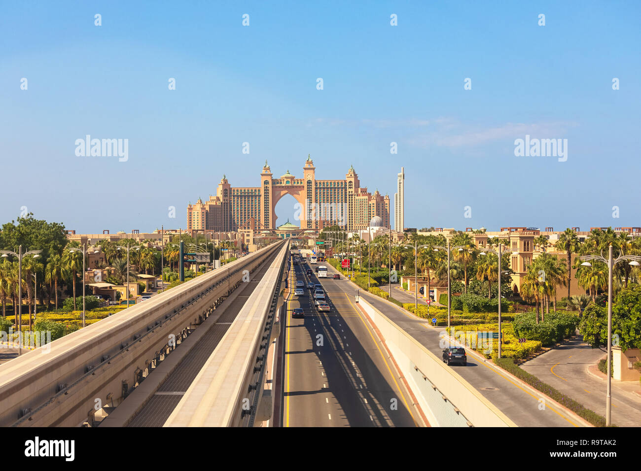 DUBAI, UAE - NOV 12, 2018: Atlantis hotel view from monorail train on ...