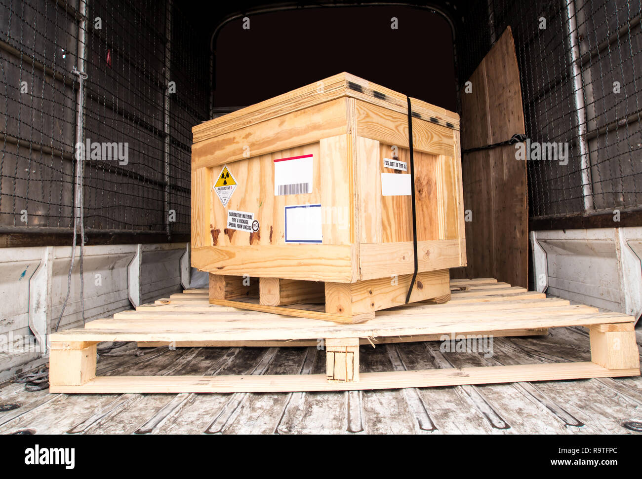 Radioactive material label beside the transportation wooden box Type A ...