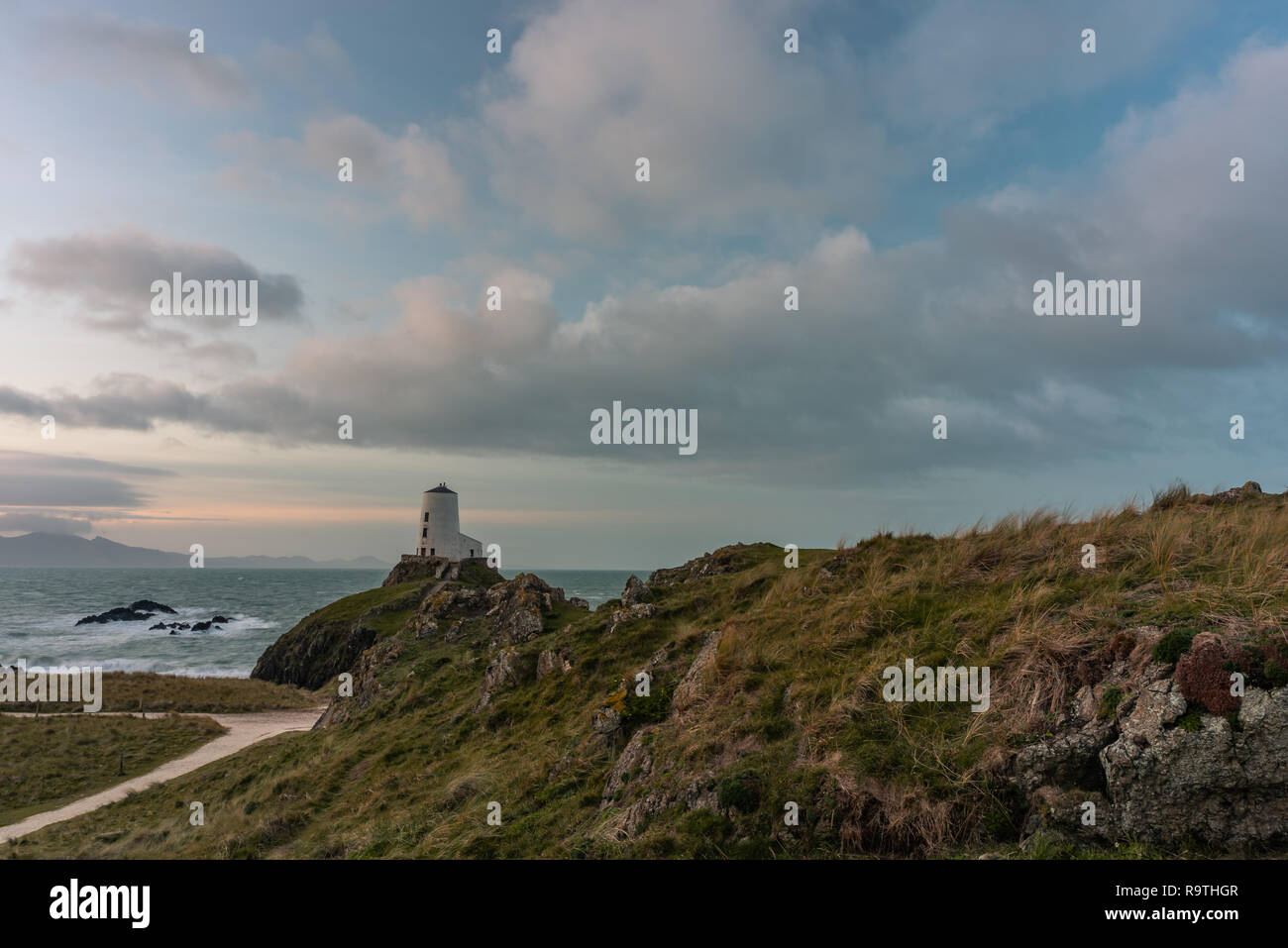 The Llanddwyn island lighthouse, Twr Mawr at Ynys Llanddwyn on Anglesey ...
