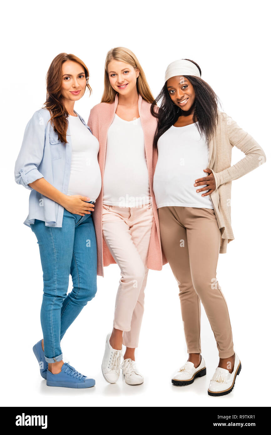 multicultural happy pregnant women hugging isolated on white Stock ...