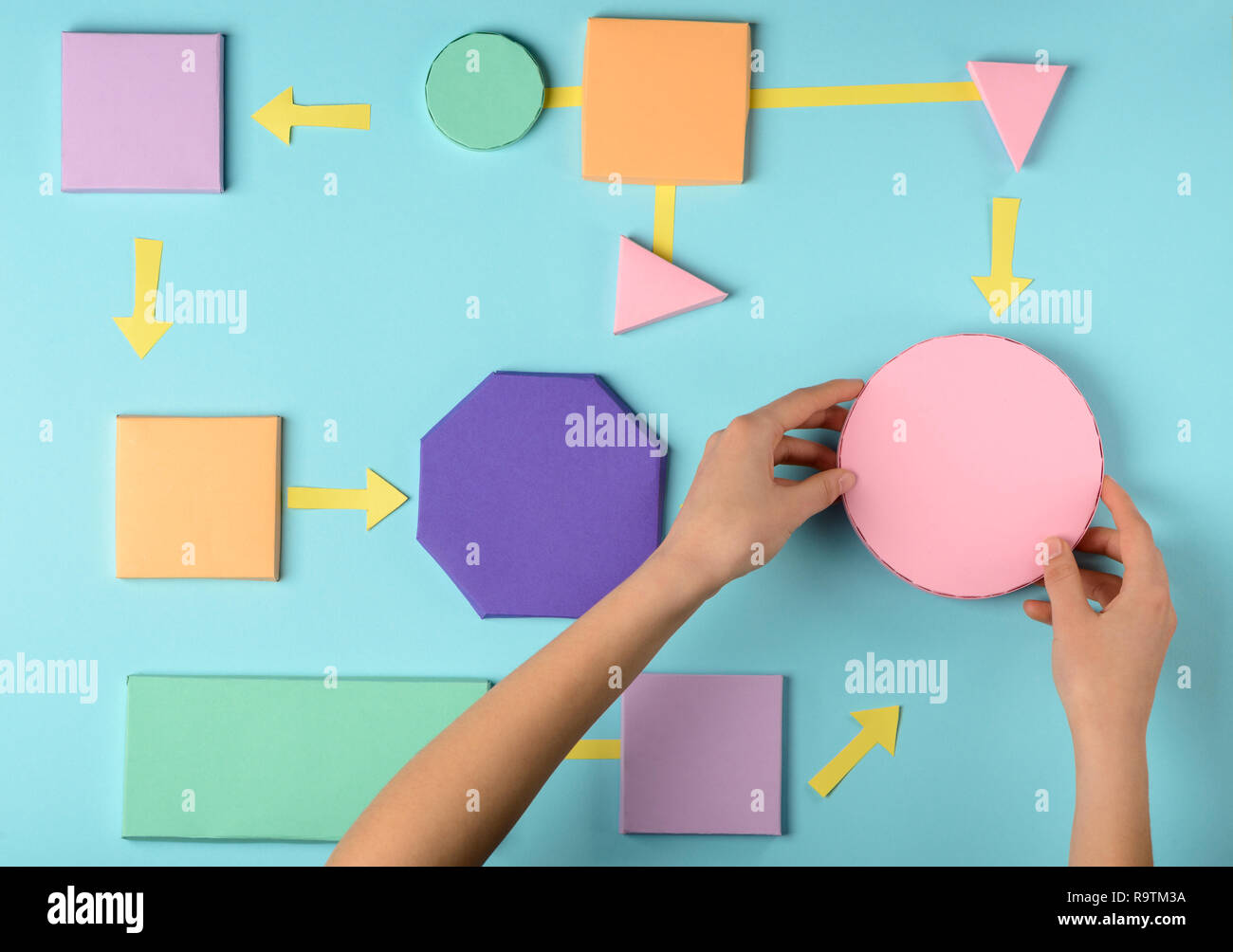 Hands putting a segment into the flow chart model. Efficient managing a ...