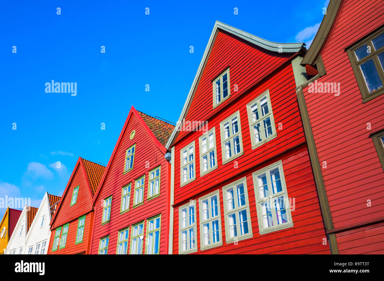 Traditional old Norwegian red wooden houses, Bergen Bryggen, Norway ...
