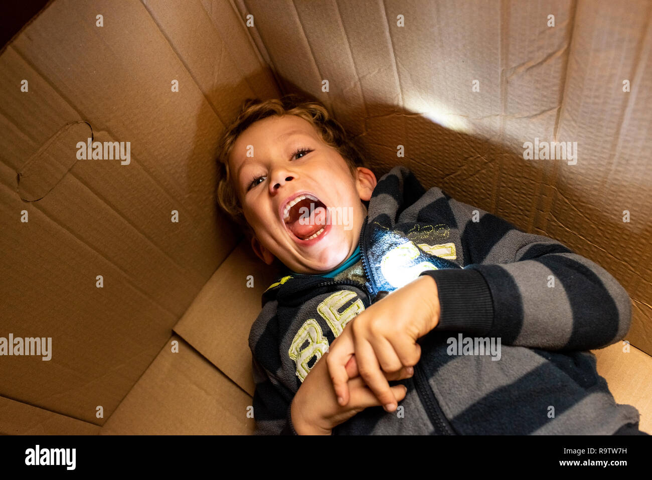 Child playing inside a cardboard box Stock Photo - Alamy