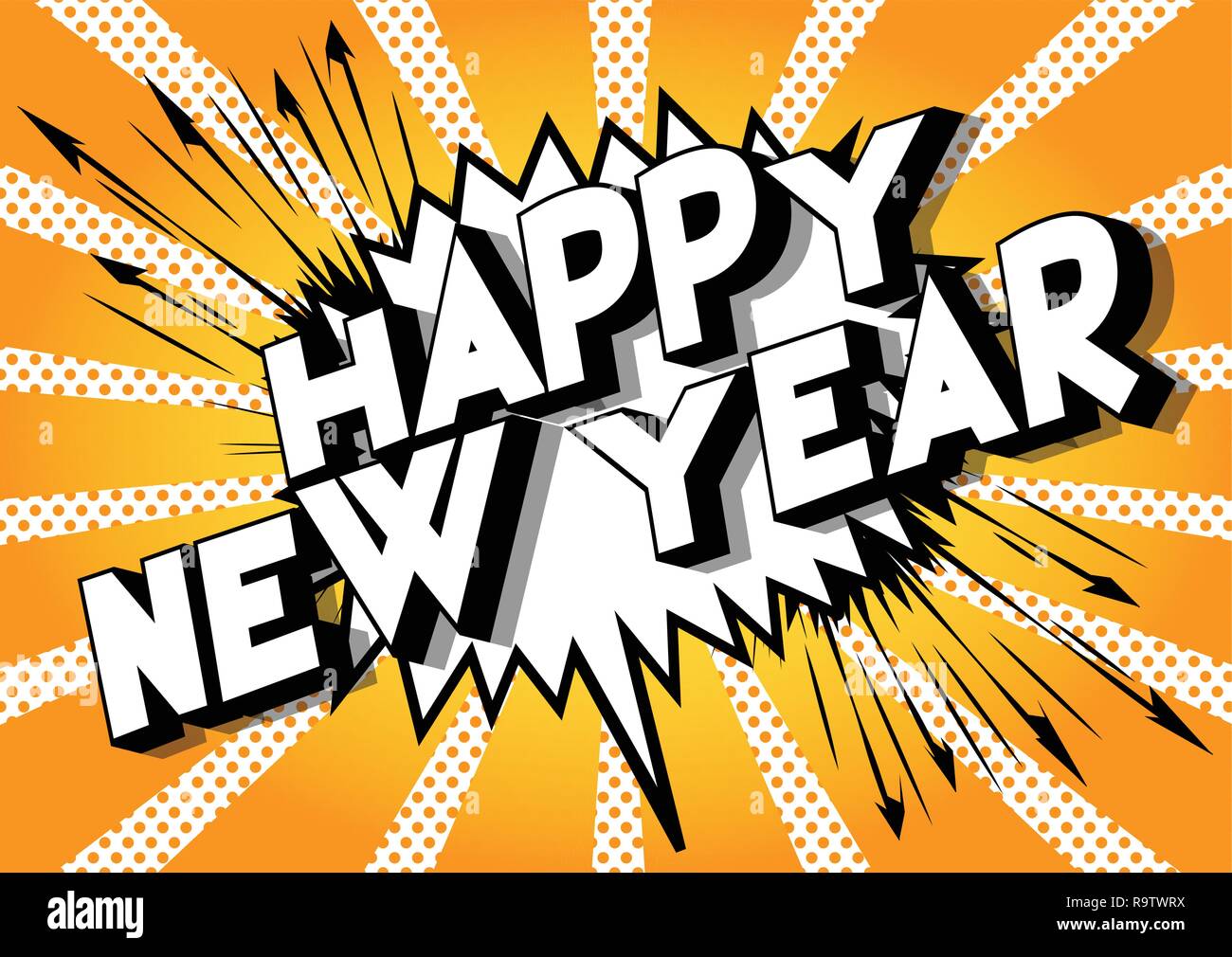 Happy New Year - Vector illustrated comic book style phrase on abstract ...