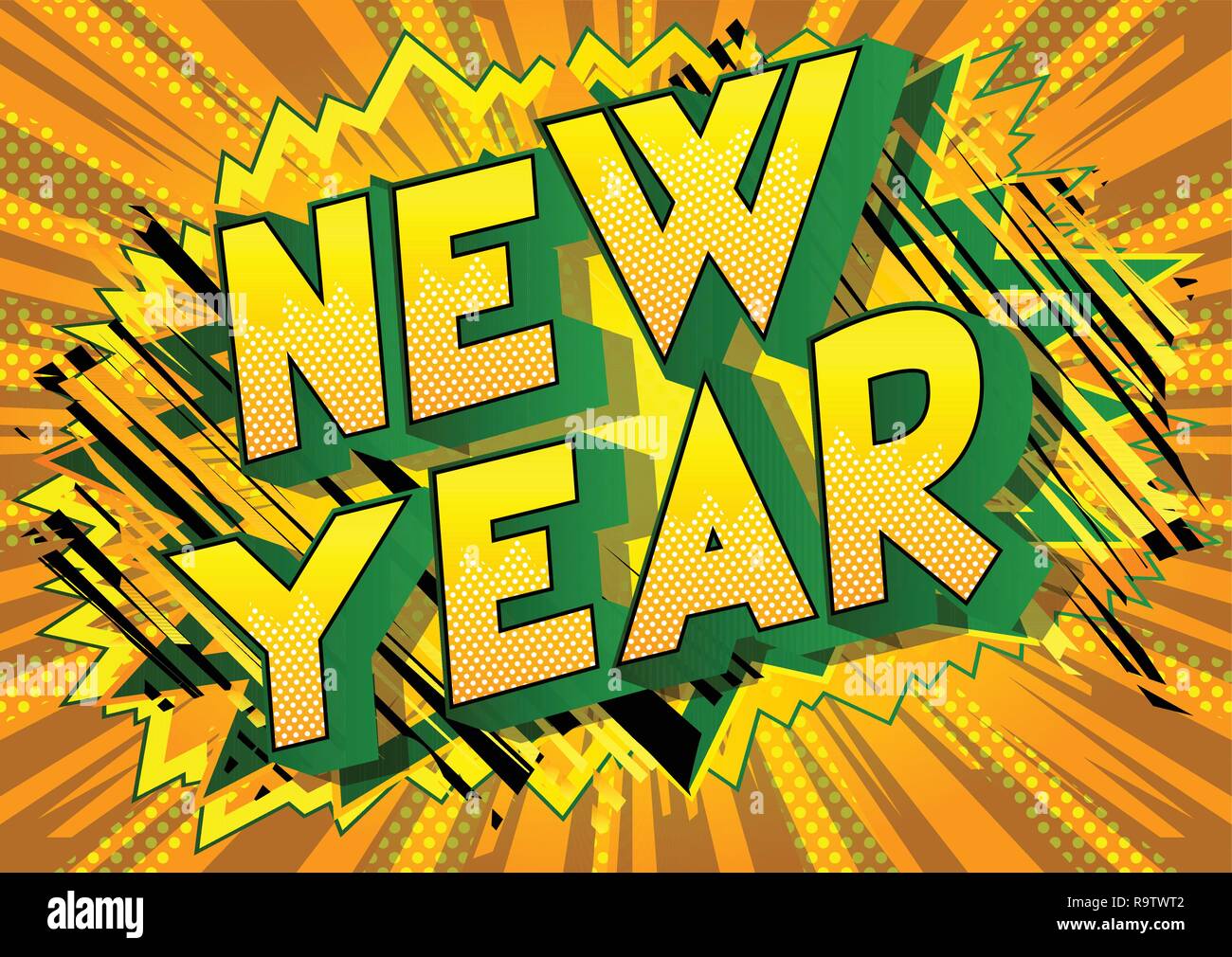 New Year - Vector illustrated comic book style phrase on abstract ...