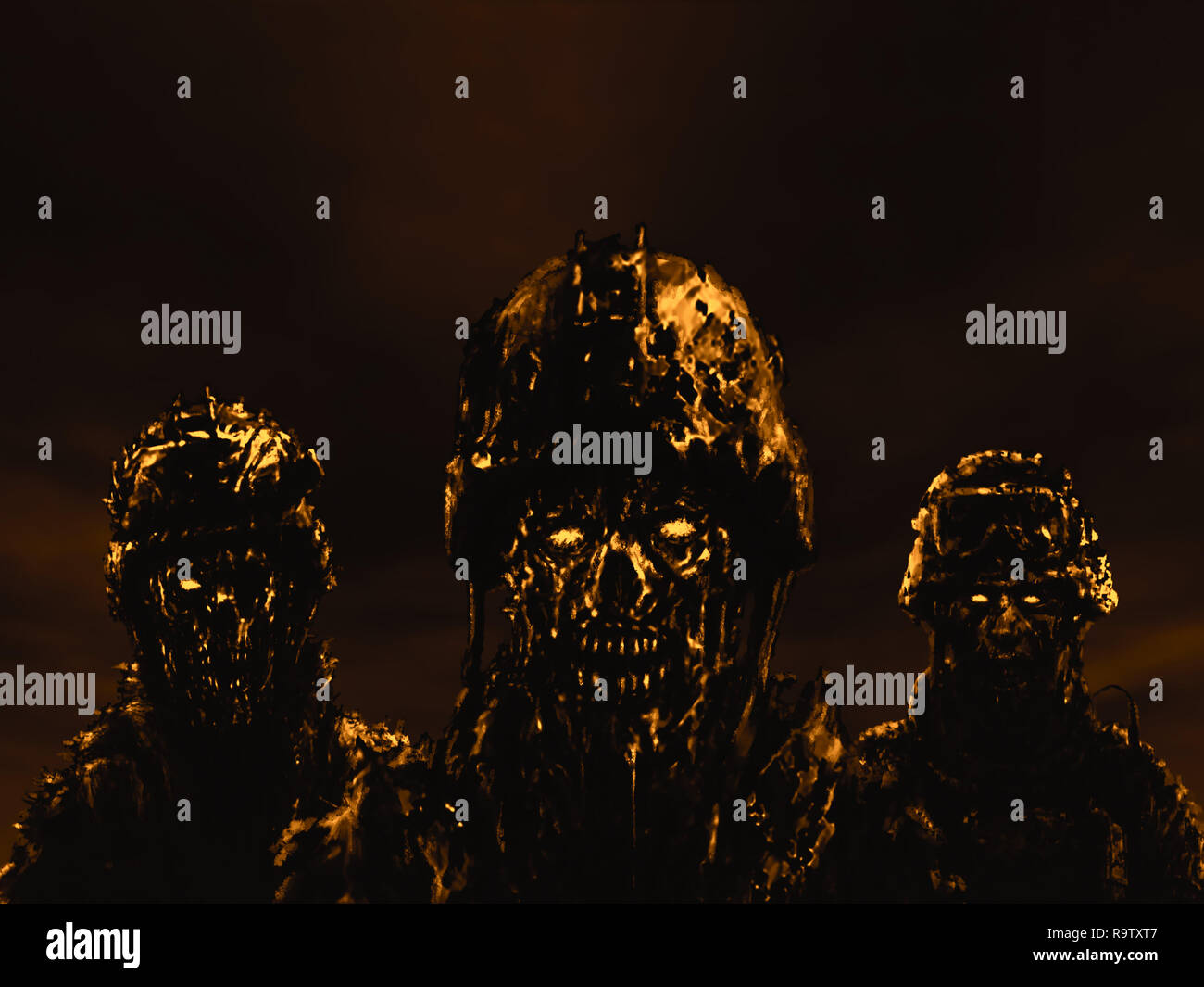 Three soldiers zombies in helmets stand against a dark sky. Drawing ...