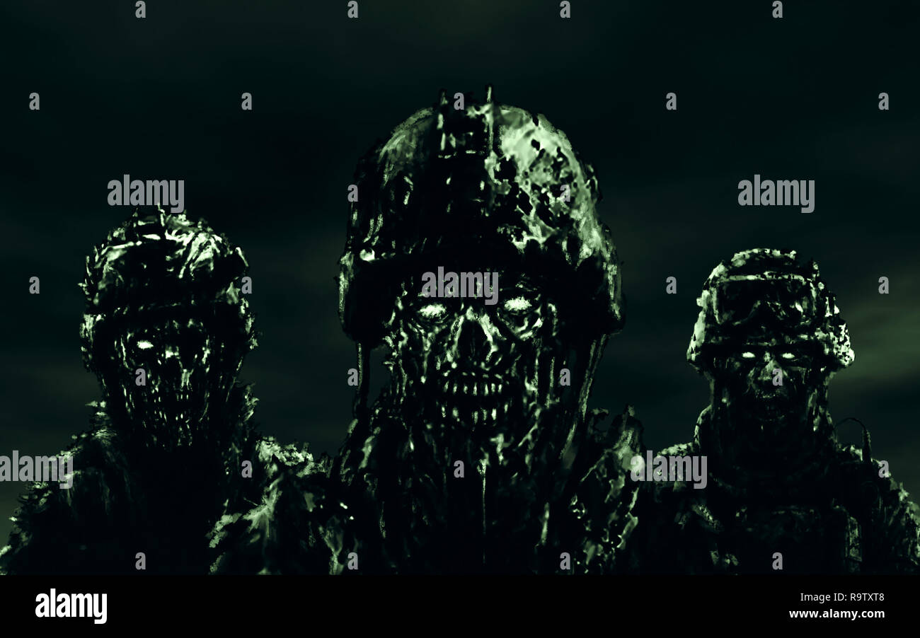 Three soldiers zombies in helmets stand against a dark sky ...