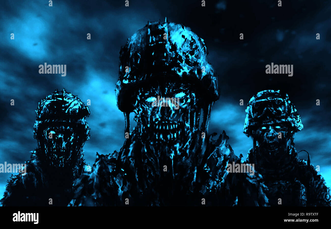 Three soldiers zombies in helmets stand. Illustration in genre of ...