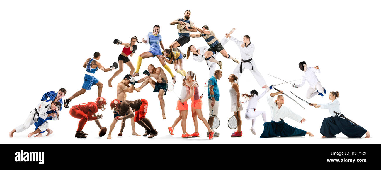 Attack. Sport collage about kickboxing, soccer, american football ...