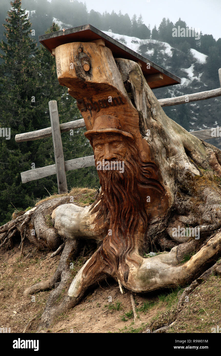 Treebeard; sculpture of bearded man carved into tree stump on ...
