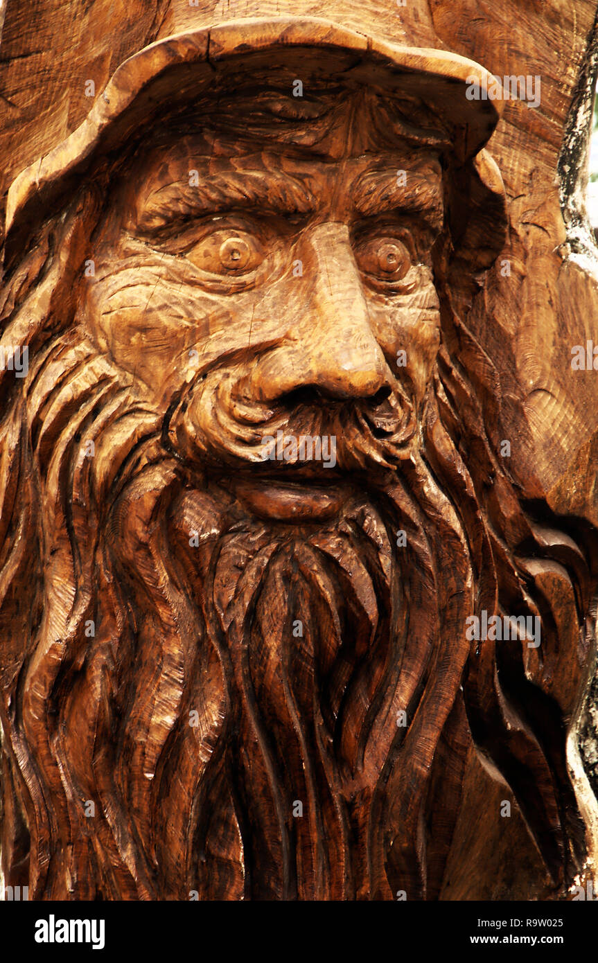 Treebeard; sculpture of bearded man carved into tree stump on ...