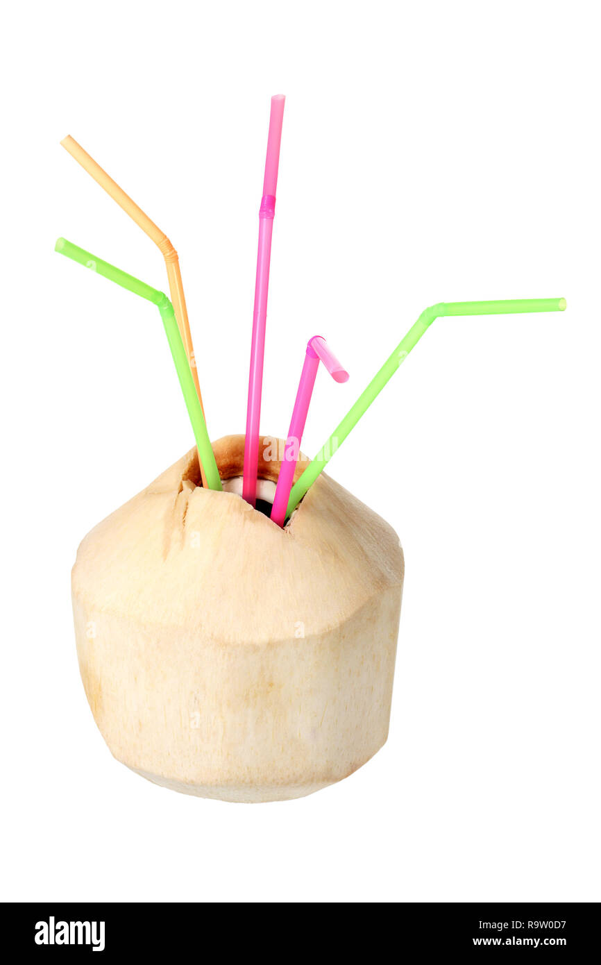 Young Coconut with Straws on White Background Stock Photo - Alamy