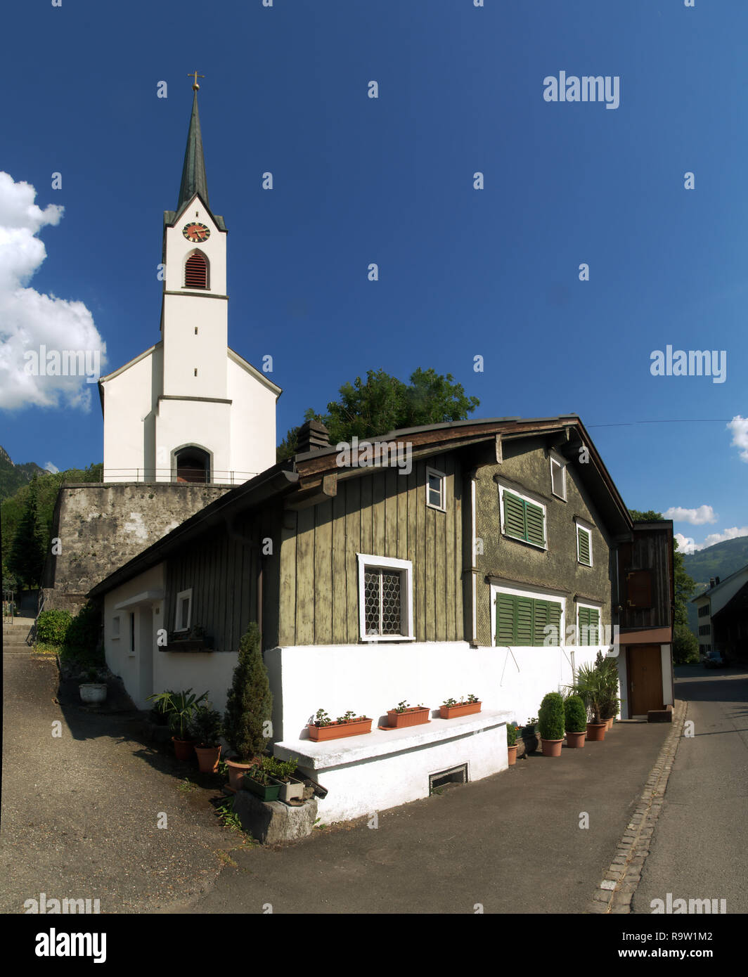 Rustic buildings in the Swiss village of Berschis Stock Photo - Alamy