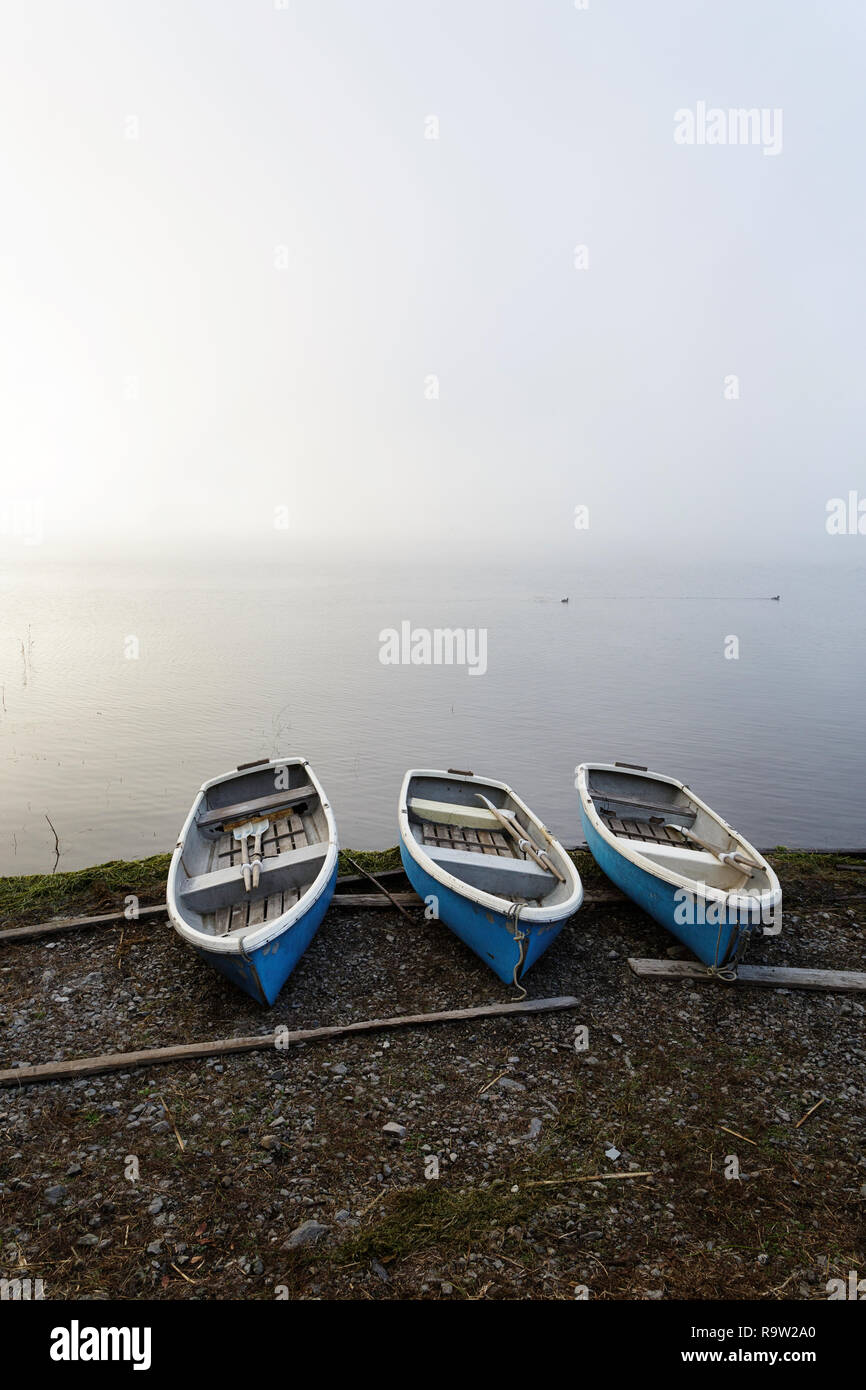 Small blue boats beside a Lake, with Mount Fuji behind, Central Honshu ...