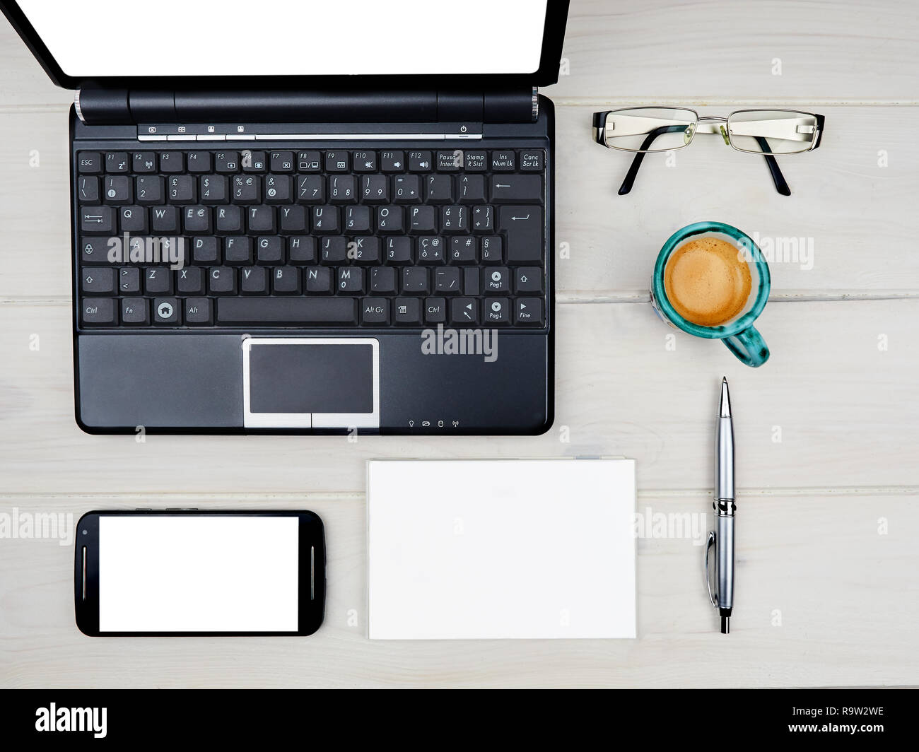 Desktop business office desk with items Stock Photo - Alamy