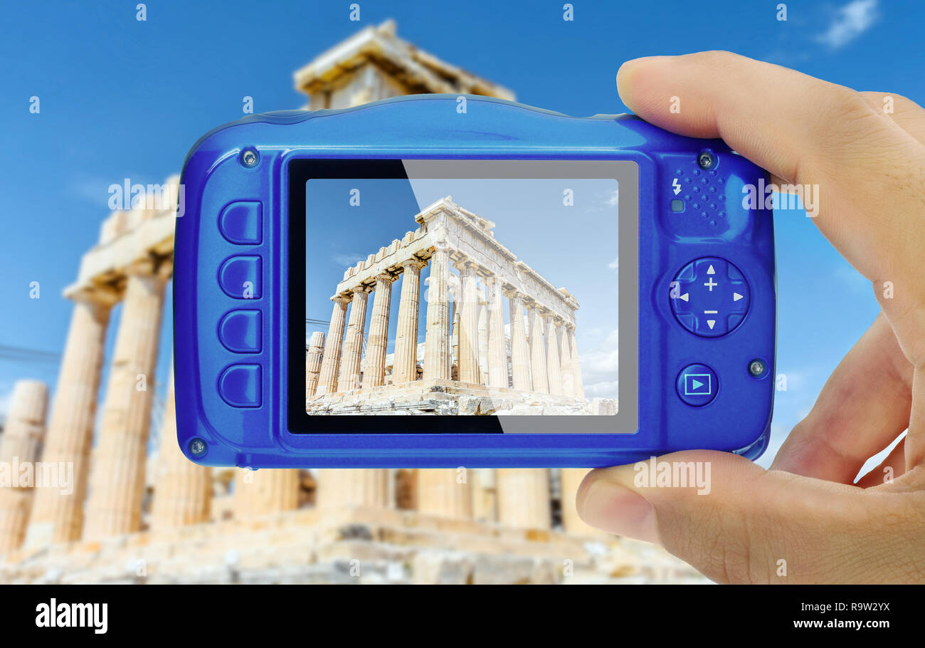 Taking picture of acropolis athens greece compact camera display pov ...