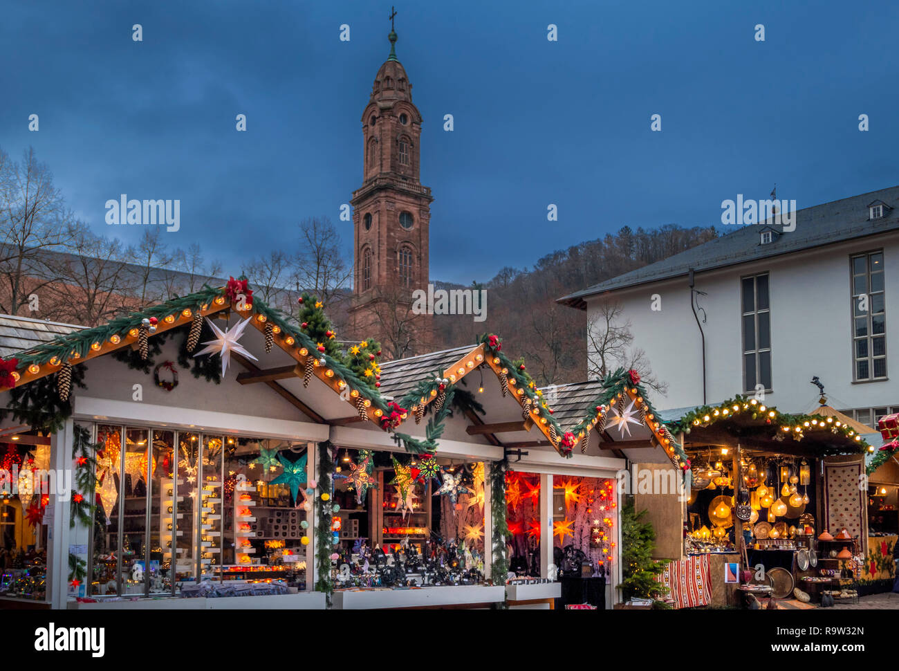 Christmas market at the University square in the old town of Heidelberg ...