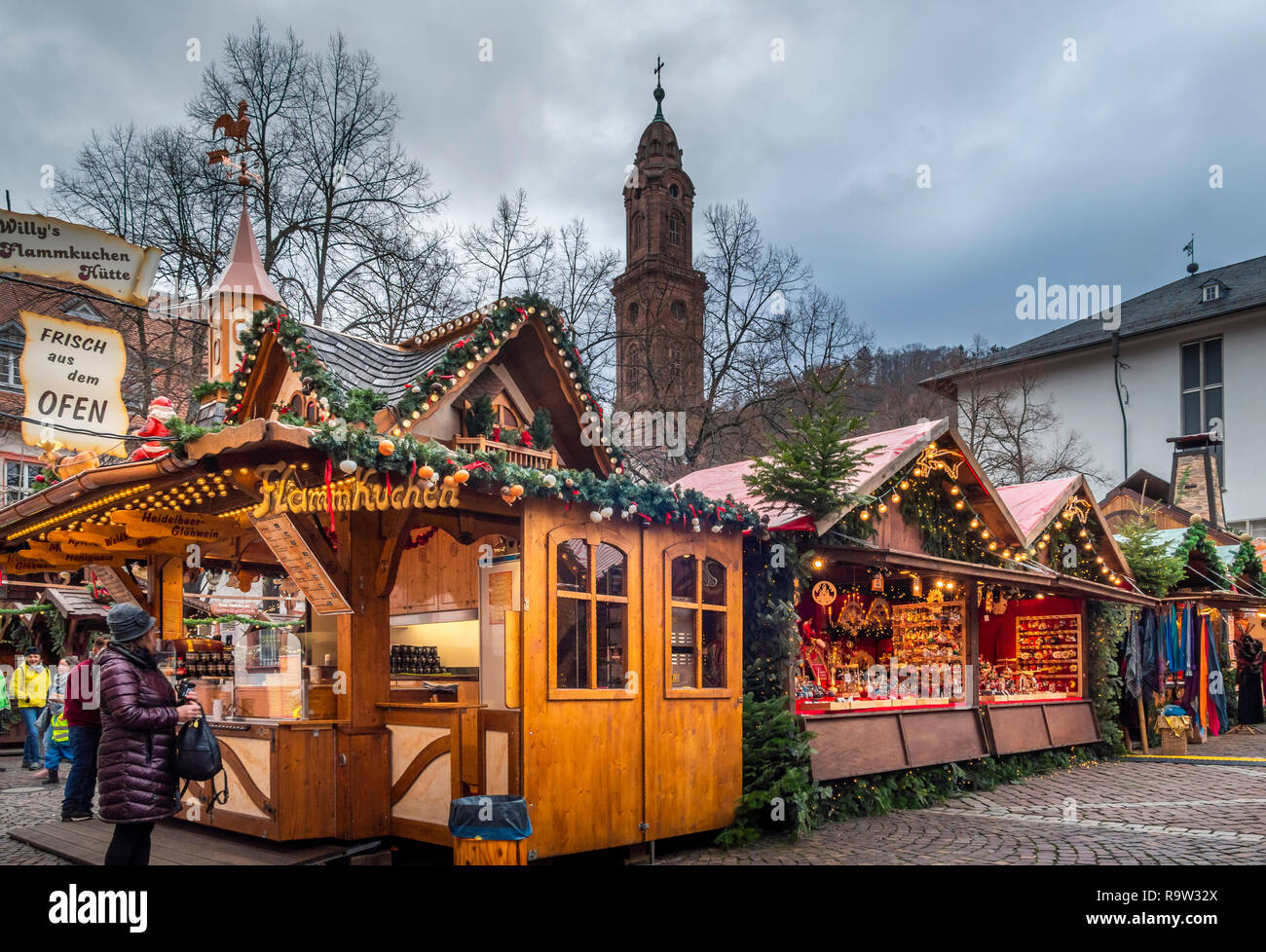 Christmas market at the University square in the old town of Heidelberg ...