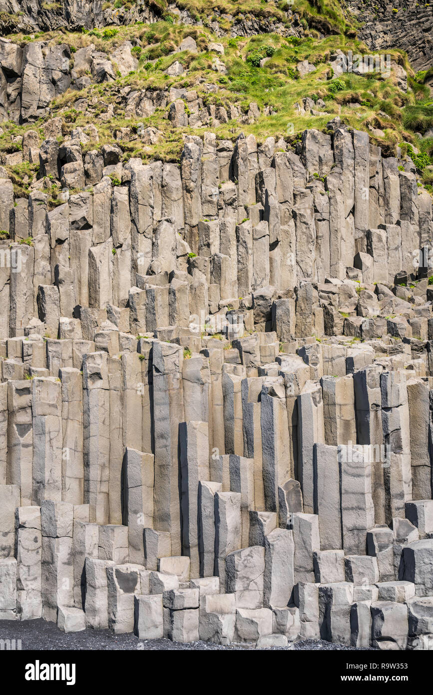 Basalt columns on a black sand beach near Vik, Iceland, Europe Stock ...